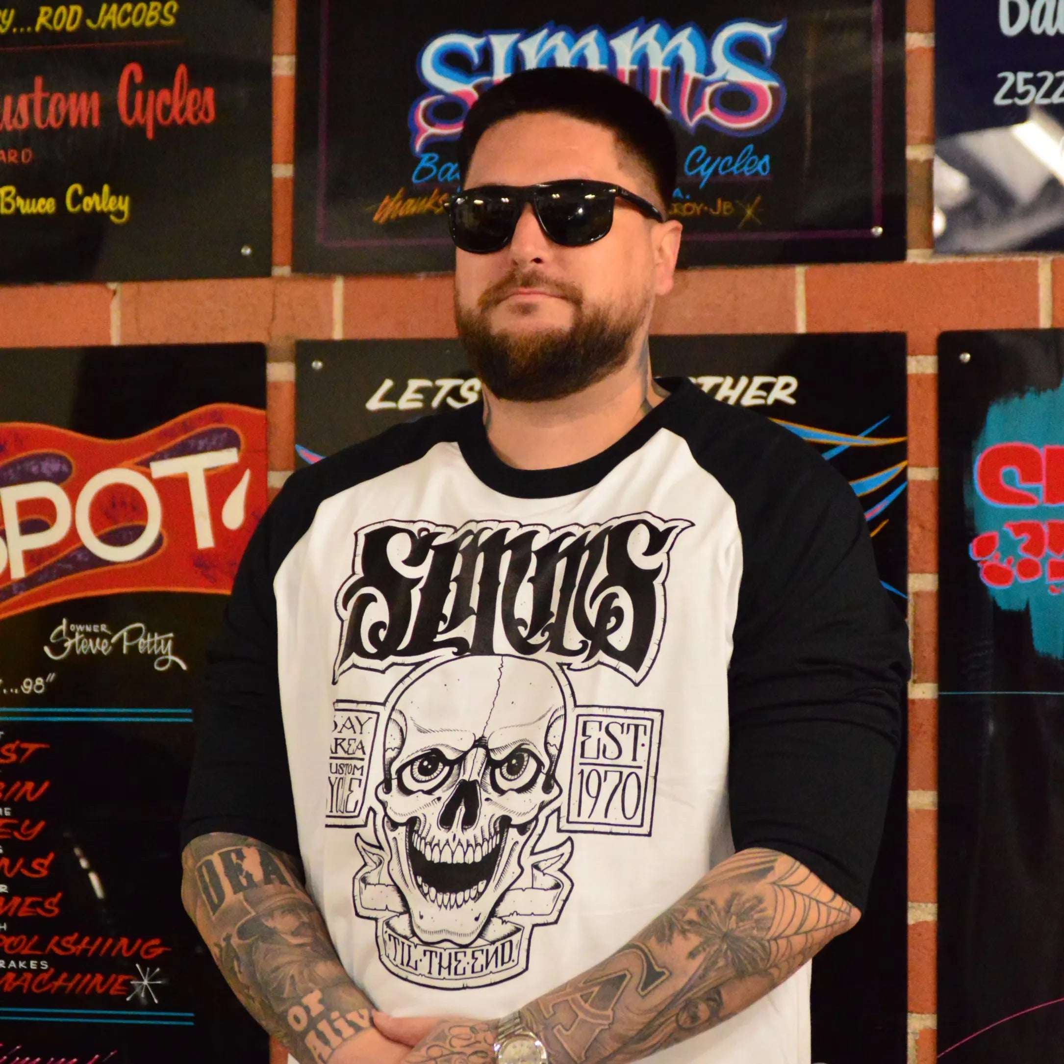 *SIMMS Baseball Skull Tee#800 -White – Simms Custom Cycles